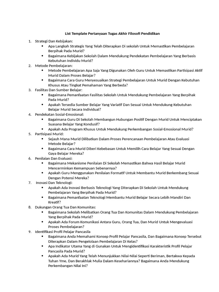 List Template Pertanyaan Tugas Akhir Filosofi Pendidikan | PDF