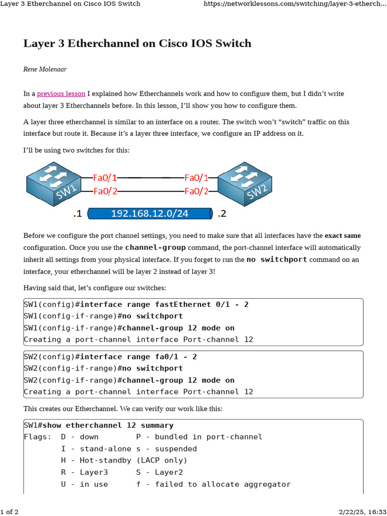 Layer 3 Etherchannel On Cisco IOS Switch | PDF | Computing | Telecommunications