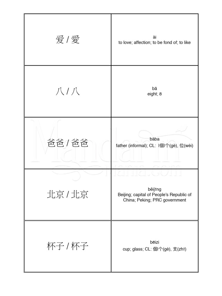 HSK 1 Flashcards Printable Hanzi Front | PDF | Syntax | Grammar