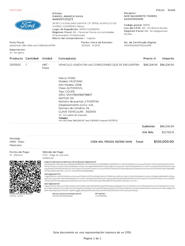 Factura CFDI Vehículo Ford Mustang | PDF