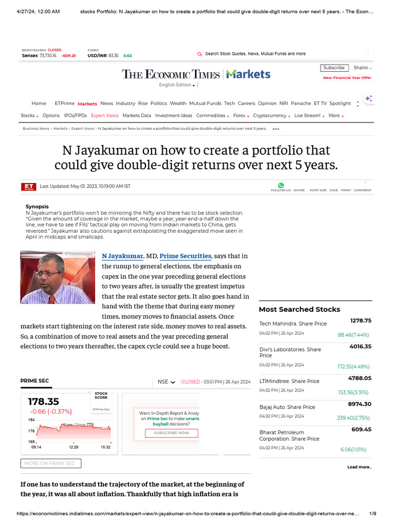 Stocks Portfolio - N Jayakumar On How To Create A Portfolio That Could ...