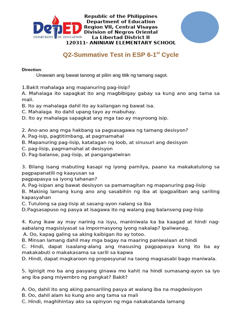 Esp 6 Summative | PDF