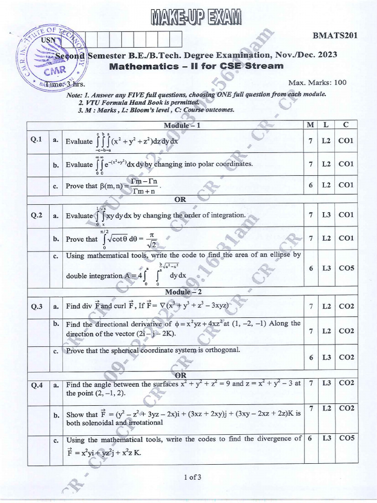Make-Up VTU Question Paper of BMATS201 Mathematics-II For CSE Stream Nov-Dec-2023 | PDF