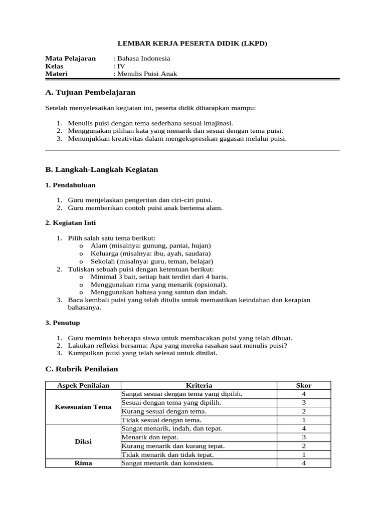 LKPD - menulis puisi anak | PDF
