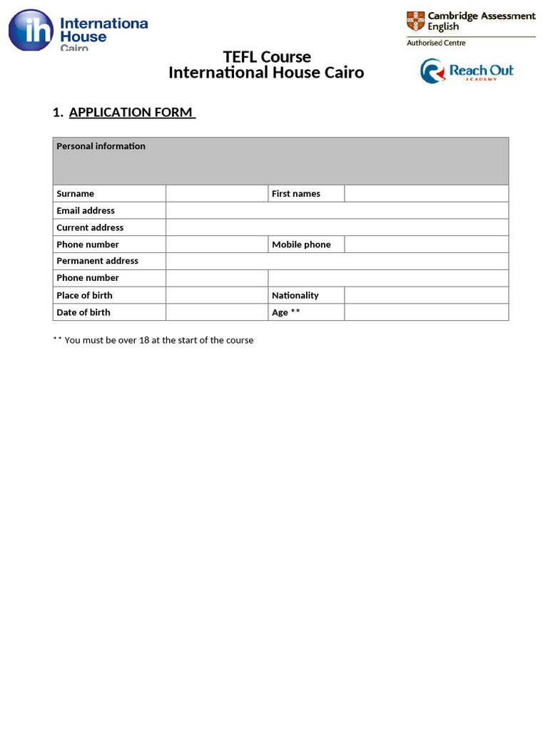 TEFL-Course IH Cairo Application Form & Pre-Interview Task | PDF