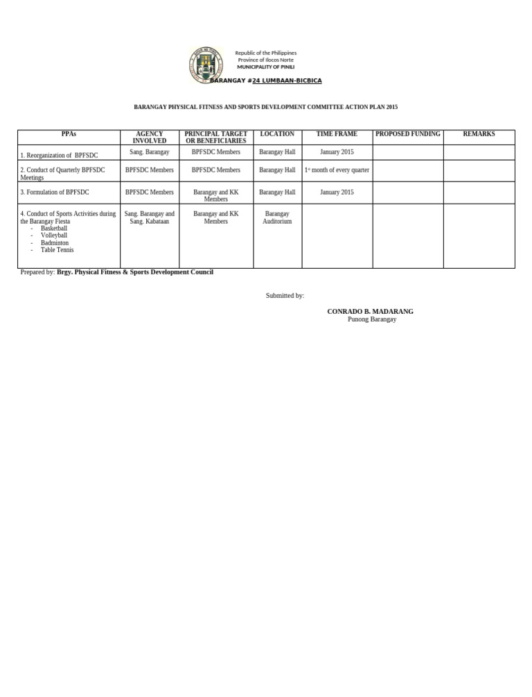 Pinili Barangay Sports Action Plan 2015 | PDF