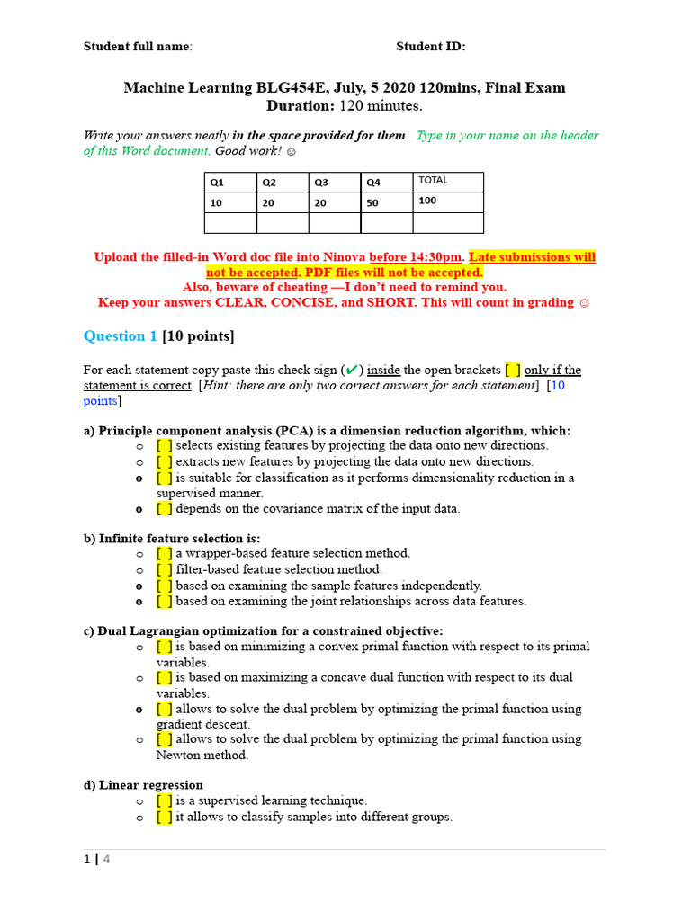 Learning From Data BLG454E 2020 Exam | PDF | Principal Component Analysis | Multivariate Statistics