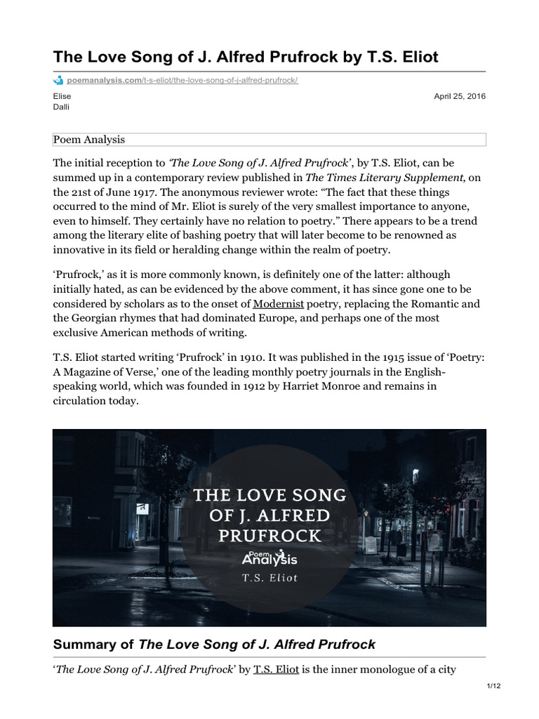 The Love Song of J Alfred Prufrock by TS Eliot | PDF | Poetry