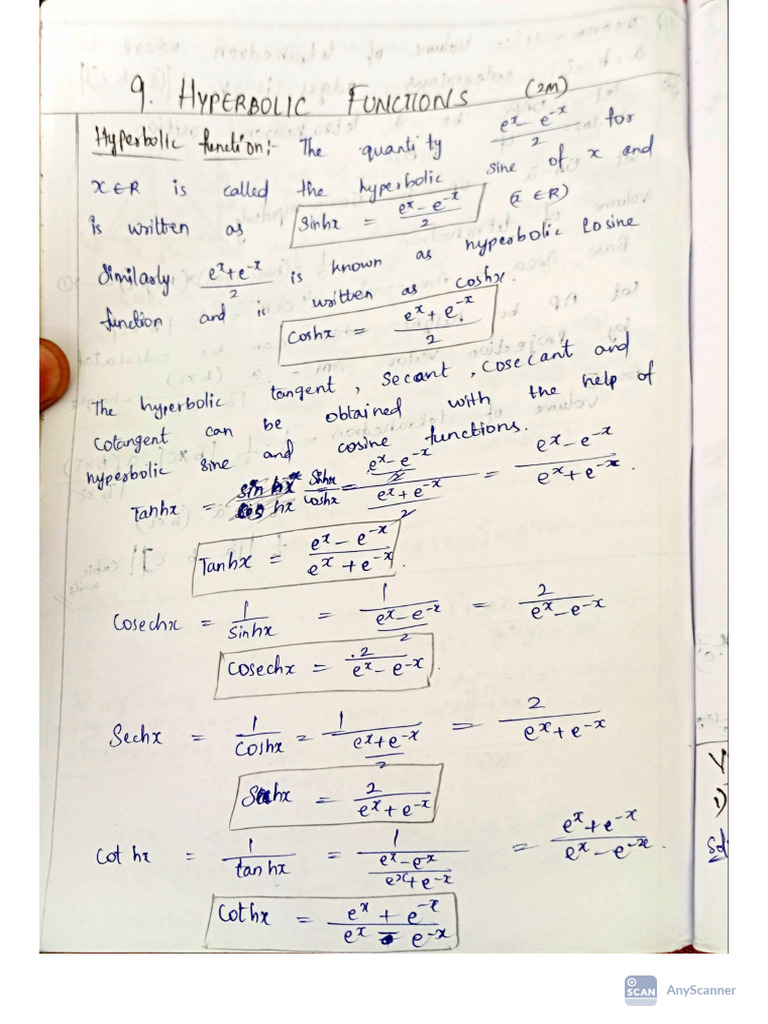 9 Hyperbolic Functions Notes | PDF