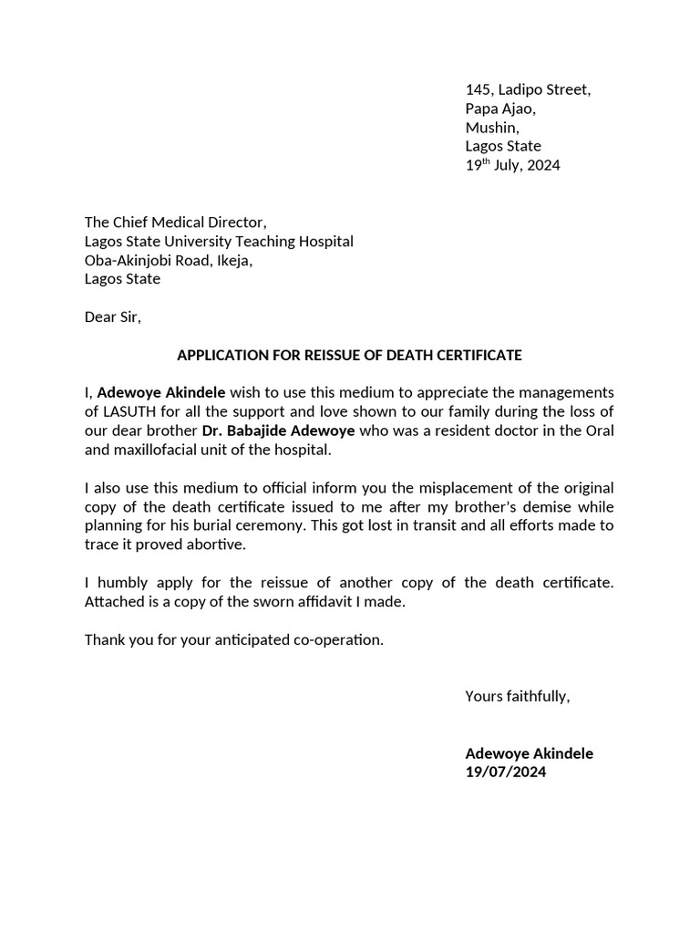 Application For Reissue of Death Certificate Adewoye Akindele Dr. Babajide Adewoye | PDF