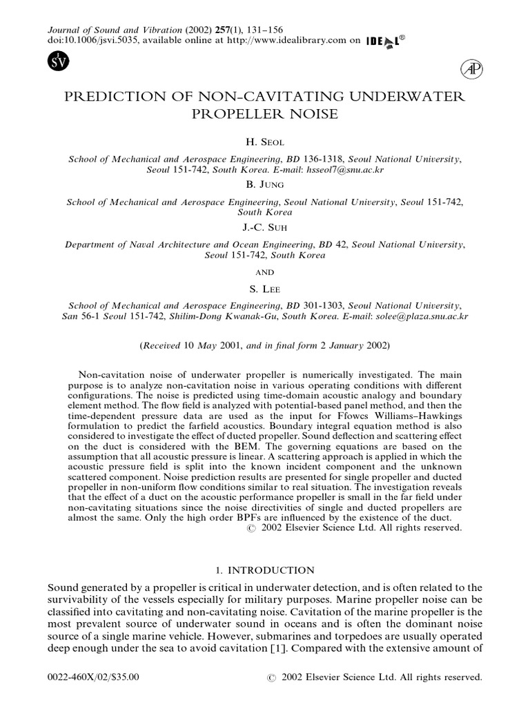 [2002] Hanshin Seol_Prediction of Non-cavitating Underwater Propeller Noise | PDF | Propeller ...