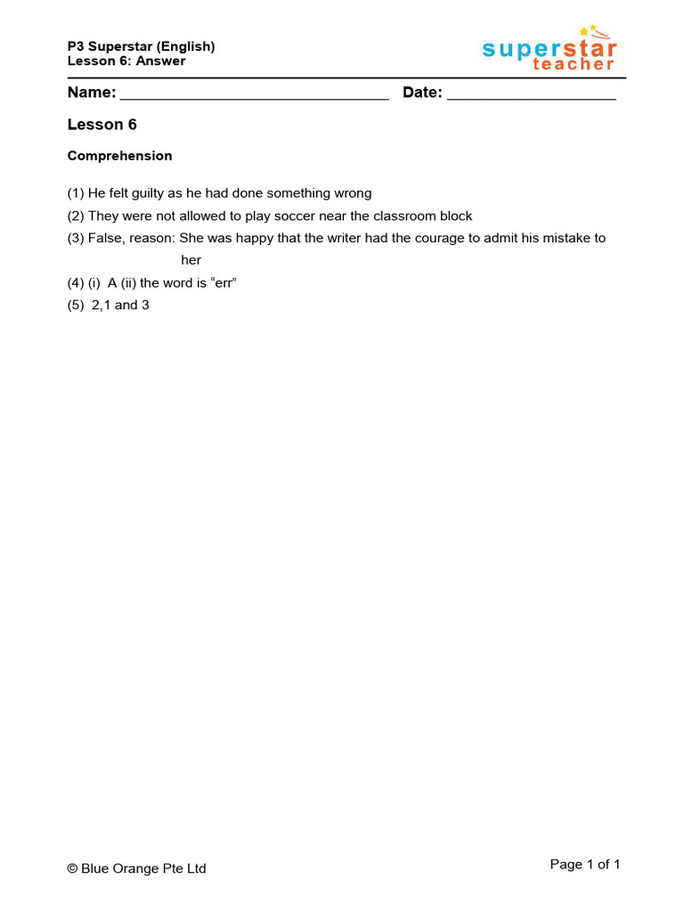 P3 Superstar - English - Lesson 6 Answer | PDF