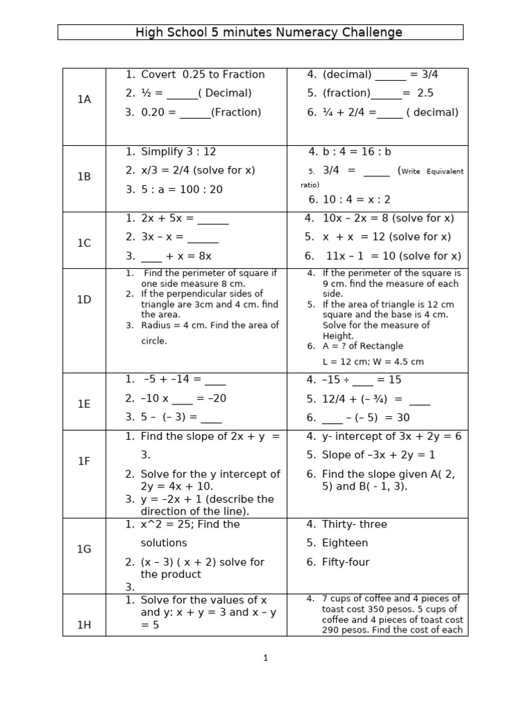 High School 5 Minutes Numeracy Challenge | PDF | Area | Geometric Shapes
