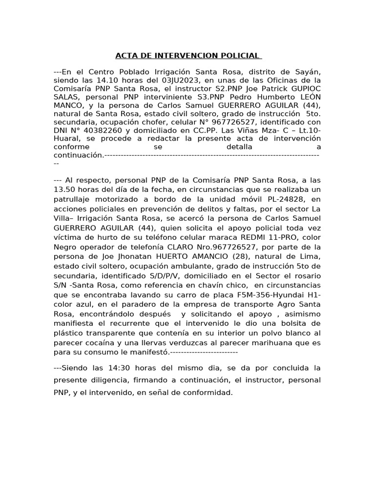 Acta de Intervencion Policia Robo de Celular | PDF