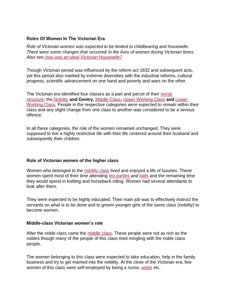 Victorian Era Women's Roles Explained | PDF | Nobility | Victorian Era