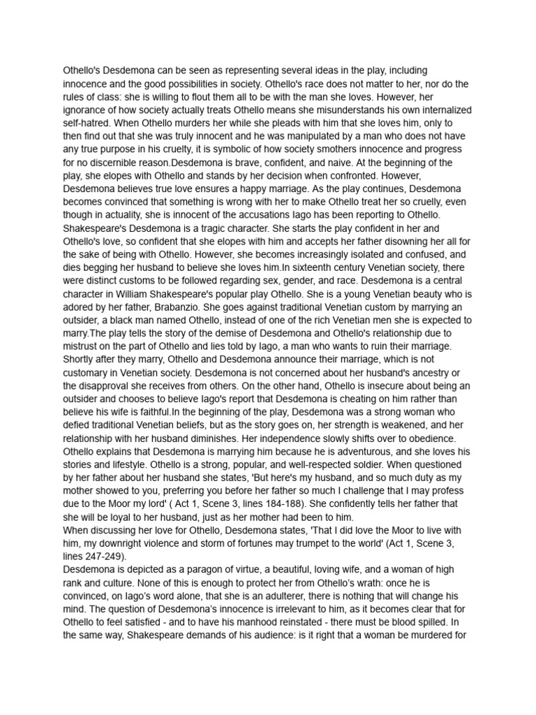 Desdemona Character Sketch | PDF | Othello | Desdemona