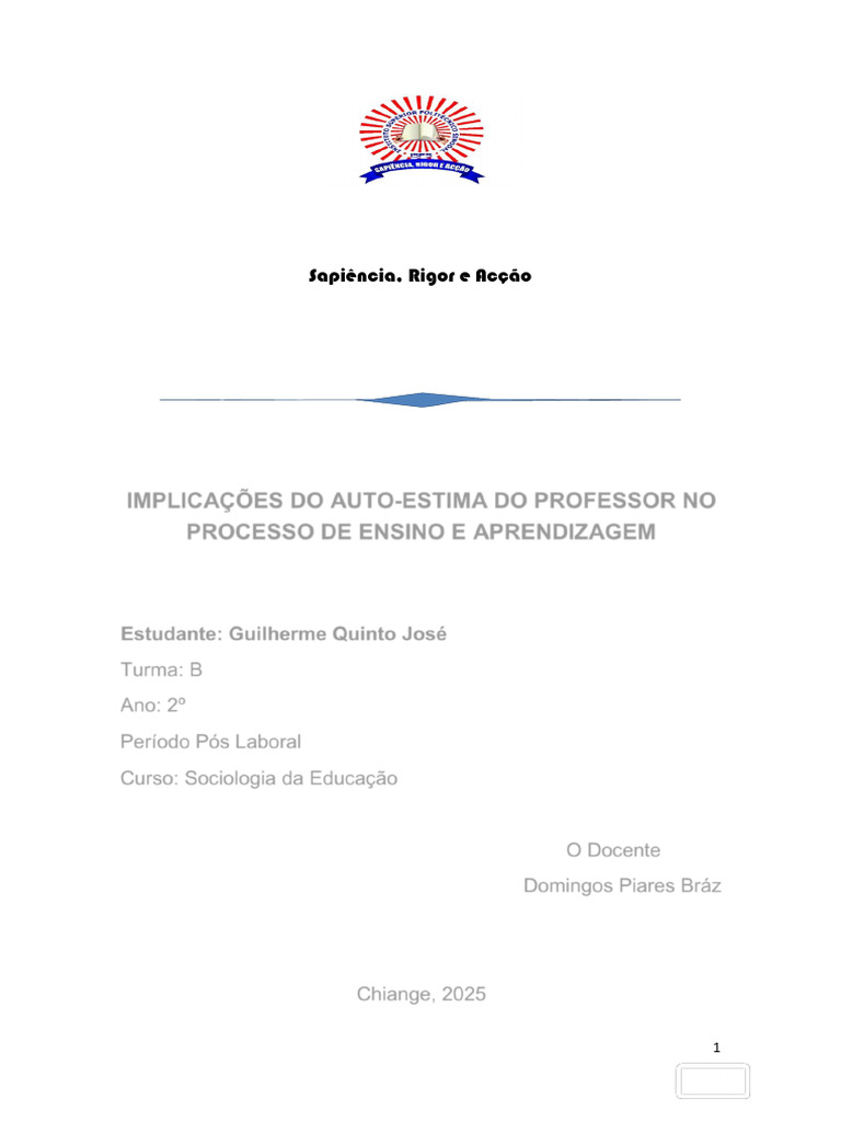 Implicações Do Auto-Estima Do Do Professor No Processo de Ensino e ...