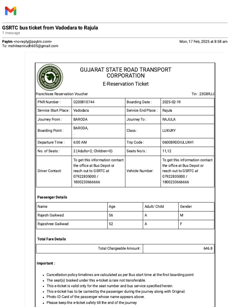 Gmail - GSRTC Bus Ticket From Vadodara to Rajula | PDF | Bus | Fare
