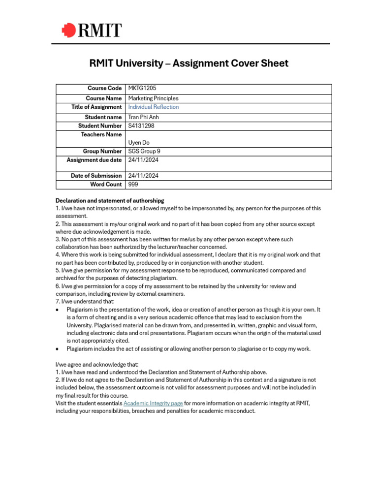 SGS Group 9 Tran Phi Anh S4131298 | PDF | Marketing | Plagiarism