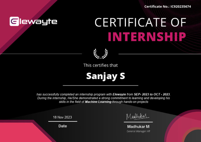 Certificate For Sanjay S (Eleyate Intern) | PDF