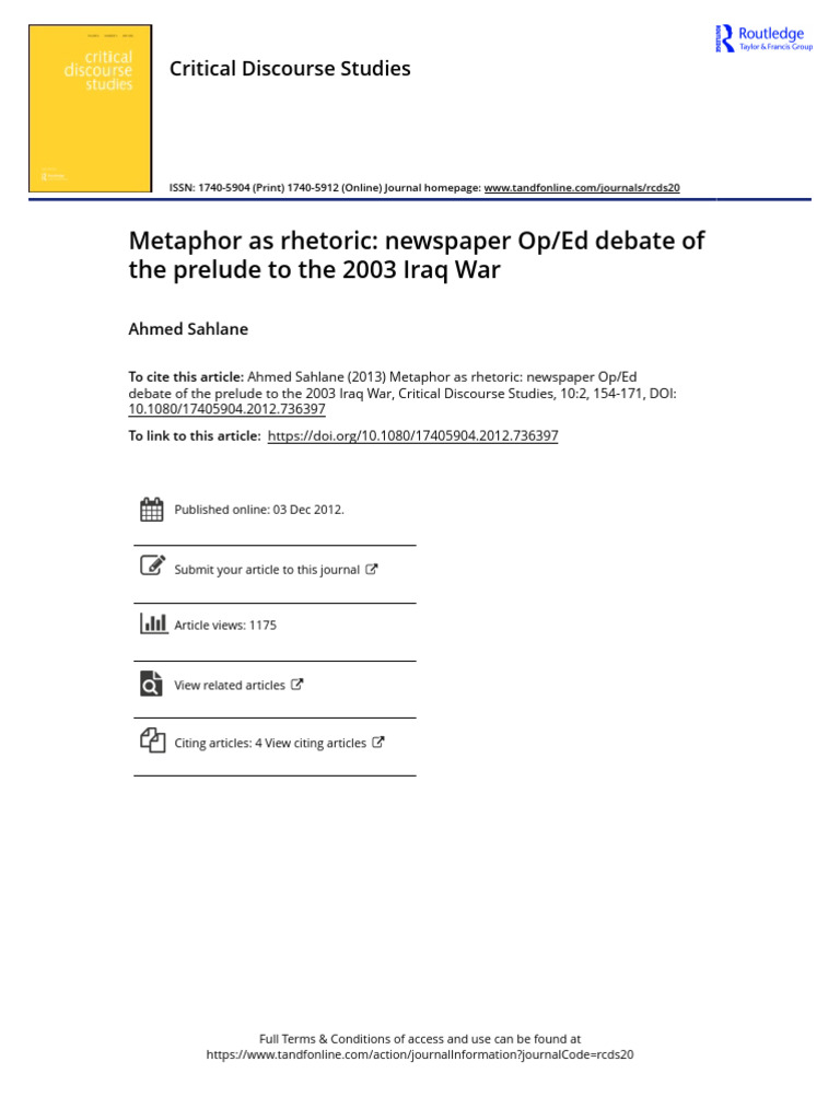 Metaphor as rhetoric newspaper Op Ed debate of the prelude to the 2003 ...