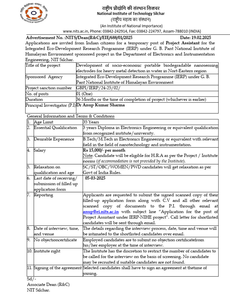 Notification For Nit Silchar Project Assistant Vacancy 67b6a64579bc098551652 | PDF