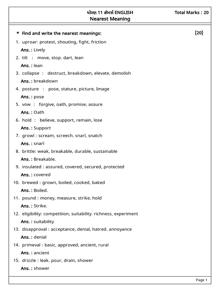 STD 11 Nearest Meaning - Solution | PDF