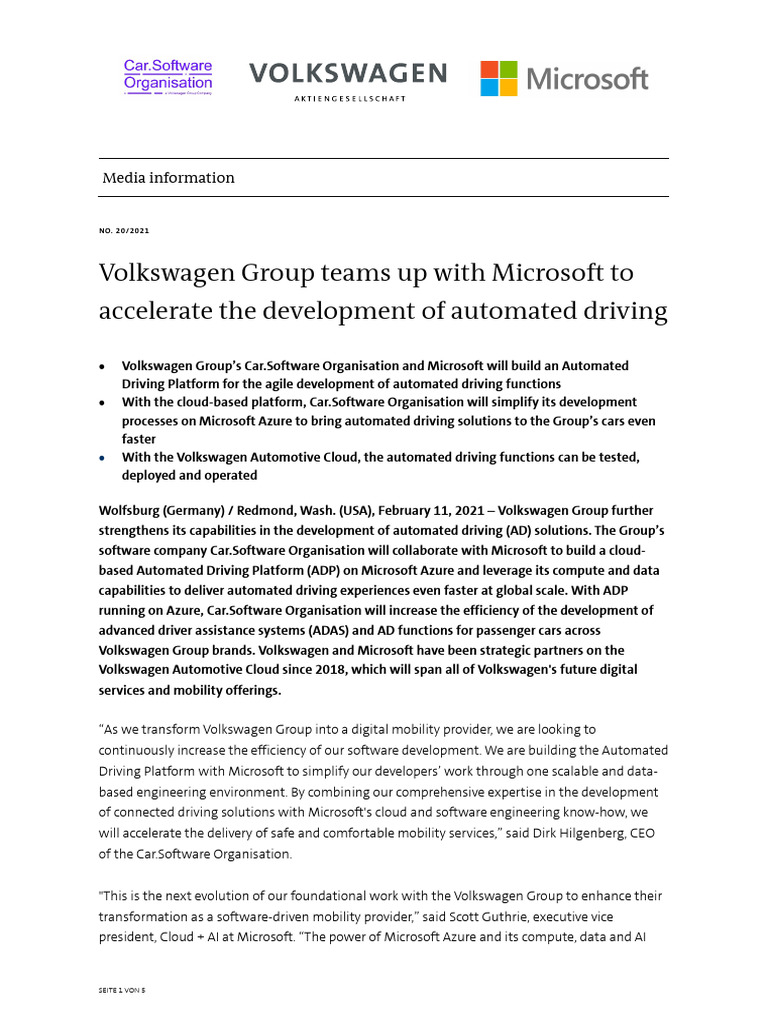 PM Volkswagen Group Teams Up With Microsoft to Accelerate the ...