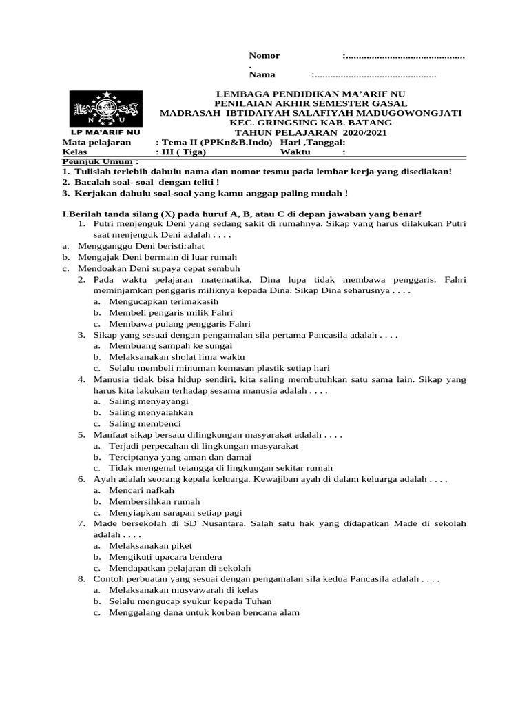 SOAL PAS Tema 2 (PPKN & B.Indo) | PDF