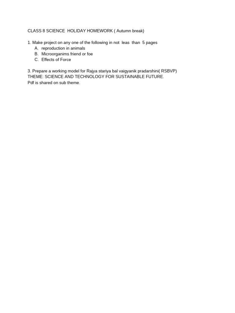 Class 8 Science Holiday Homework (Autumn Break) | PDF