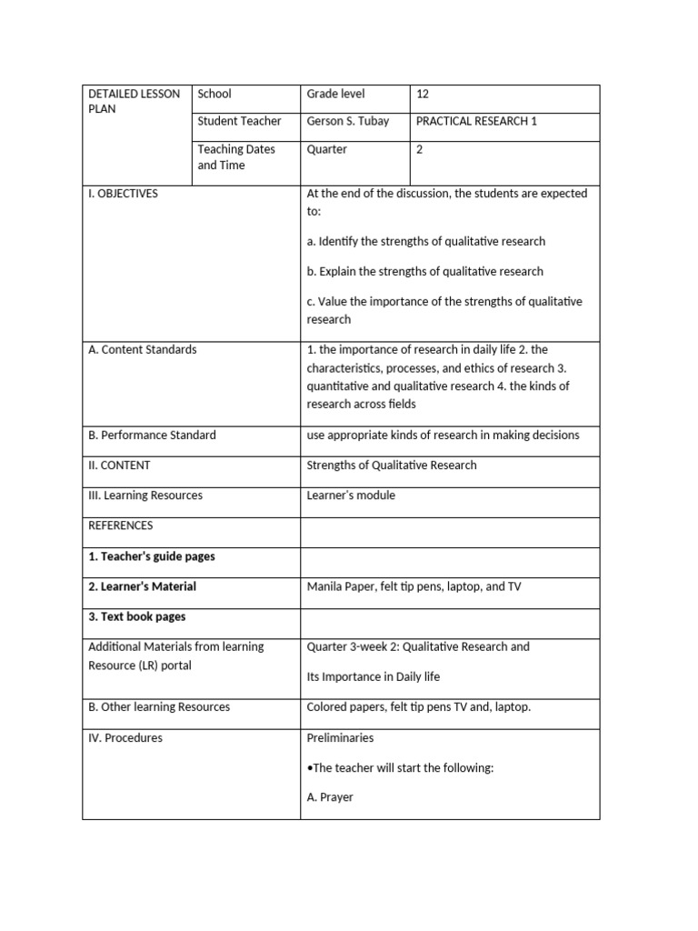 DETAILED LESSON Plan Final 1 | PDF | Qualitative Research | Quantitative Research