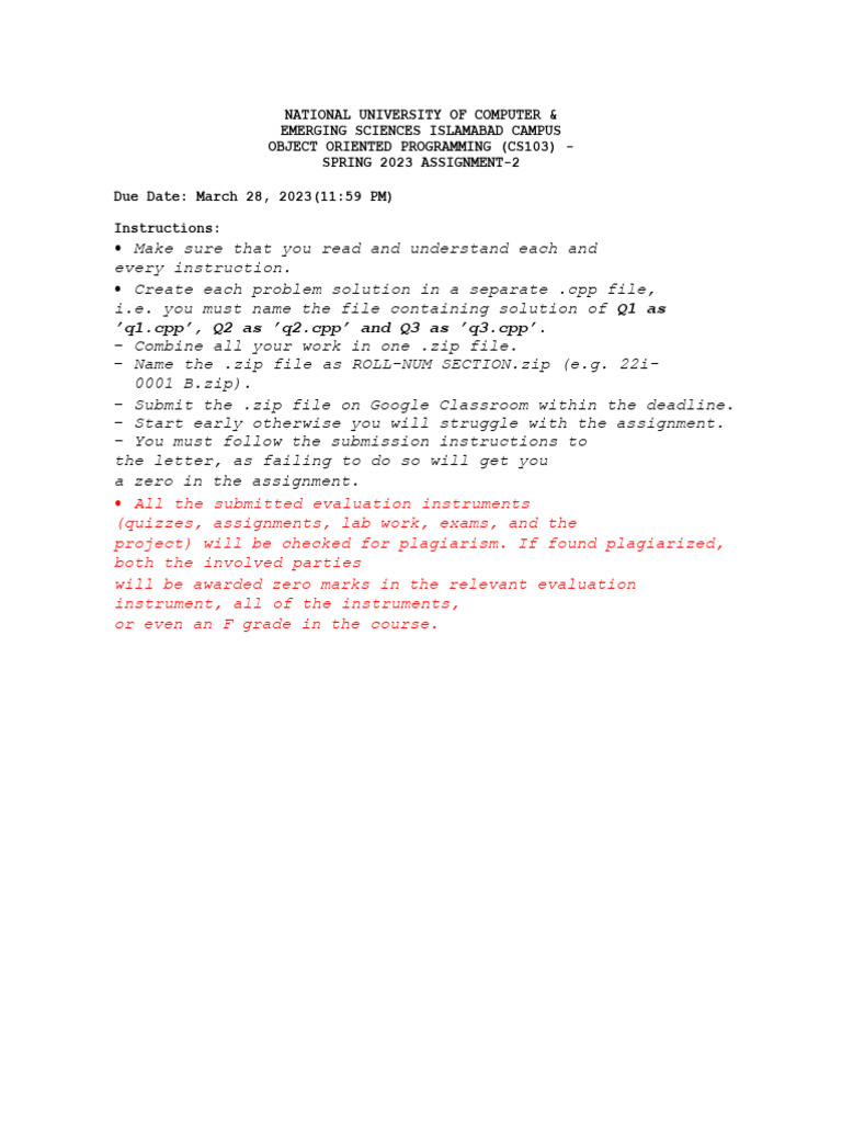Oop Assignment 2 Spring 2023 Pdf Class Computer Programming Integer Computer Science