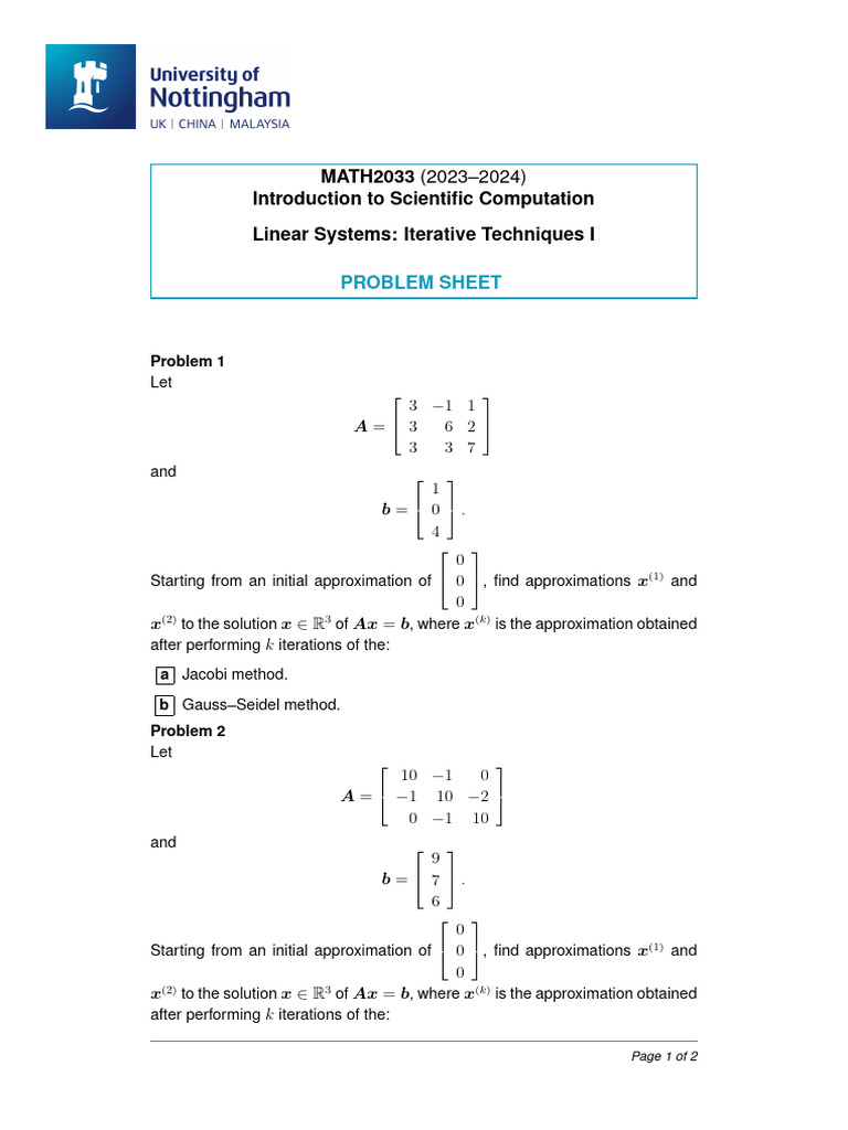 Linear Systems Iterative Techniques I Problem Sheet | PDF