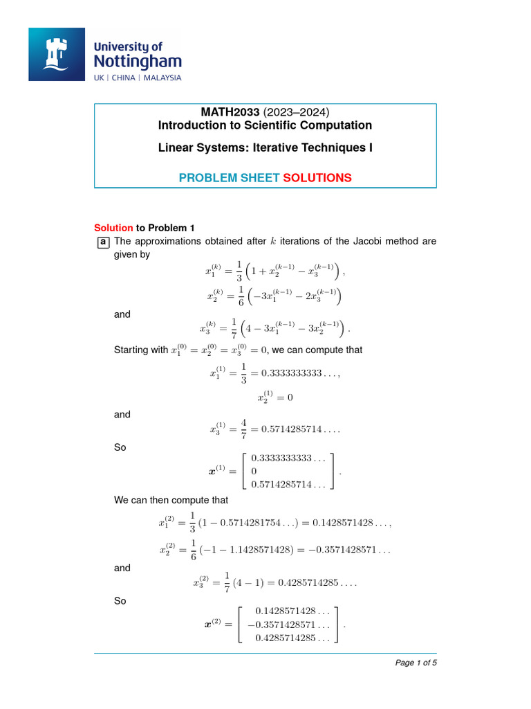 Linear Systems Iterative Techniques I Problem Sheet Solutions | PDF | Matrix (Mathematics ...