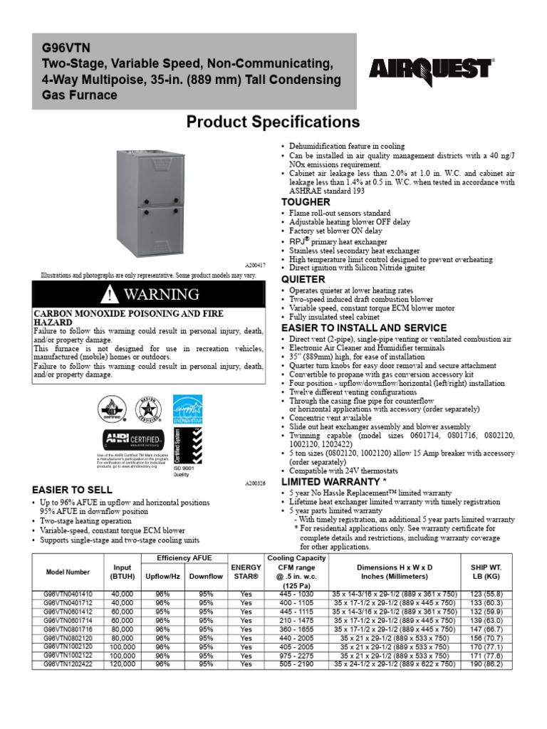 G96VTN0401712 - Furnace - Spec Sheet | PDF | Combustion | Manufactured ...
