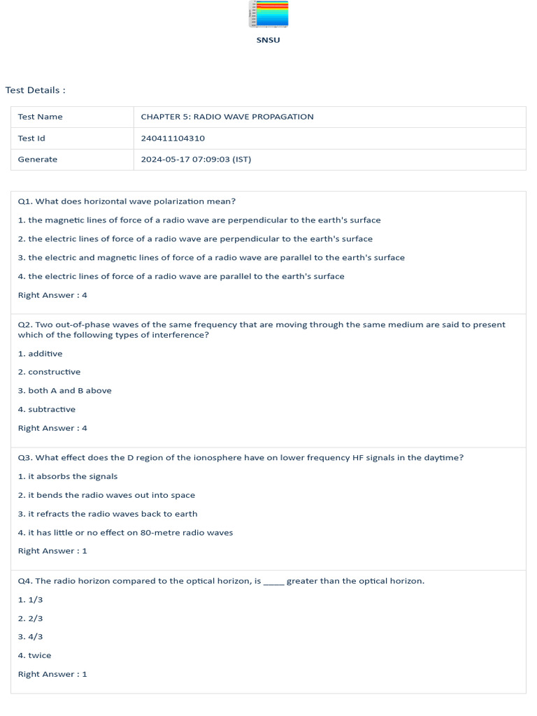 Radio Wave Propagation Quiz | PDF | Ionosphere | Radio Propagation