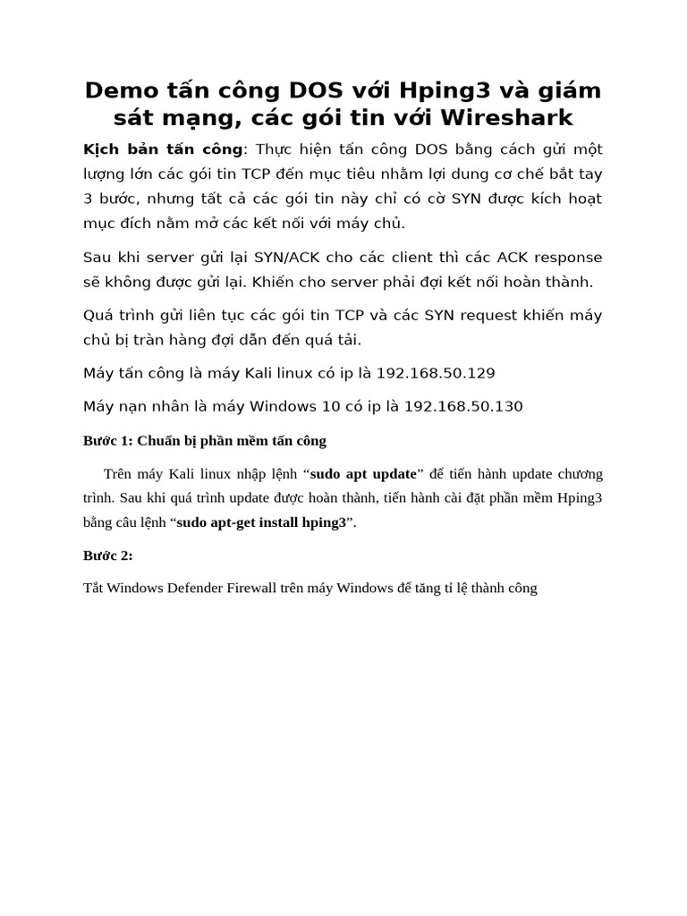 Demo tấn công DOS với Hping3 và giám sát mạng với Wireshark | PDF