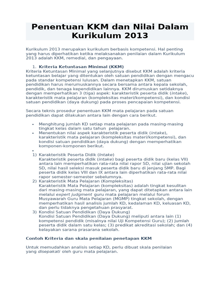 Penentuan KKM Dan Nilai Dalam Kurikulum 2013 | PDF