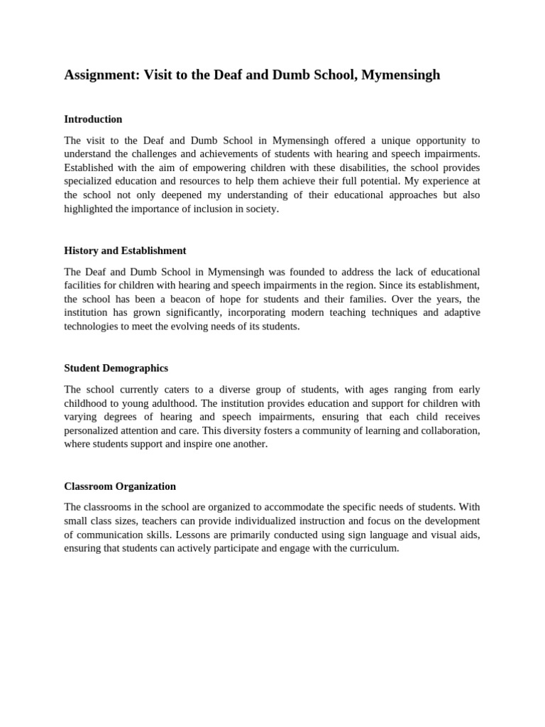 Visit To The Deaf and Dumb School, Mymensingh | PDF | Deafness | Behavior Modification