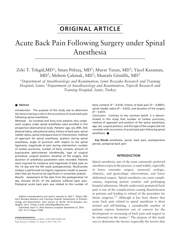Acute Back Pain Following Surgery Under Spinal | PDF | Anesthesia ...