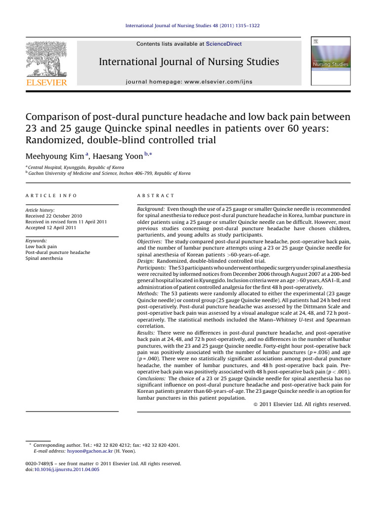 Comparison of Post-Dural Puncture Headache and Low Back Pain Between 23 ...