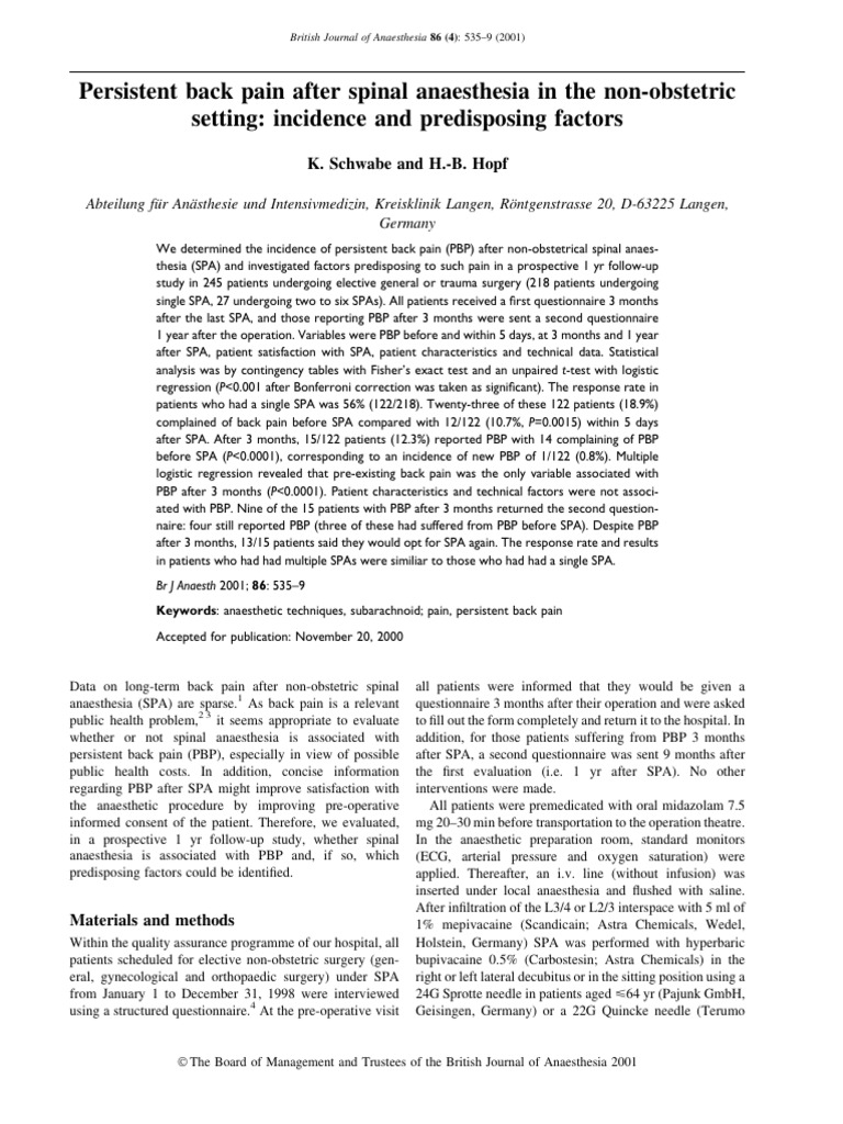 Persistent Back Pain After Spinal Anaesthesia in The Non-Obstetric ...
