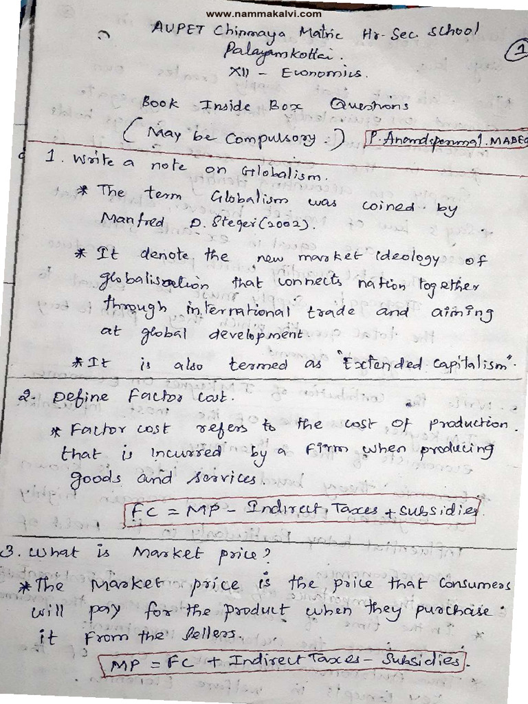 Namma Kalvi 12th Economics Box Questions Study Material EM 221631 | PDF