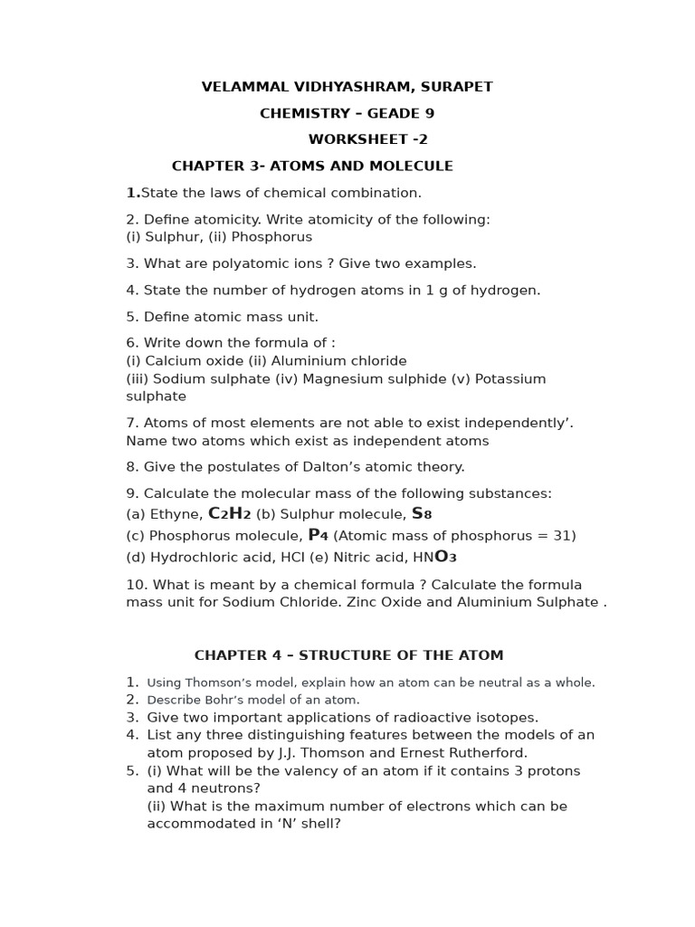 Chem Grade 9 Worksheet 3v 0 4 | PDF