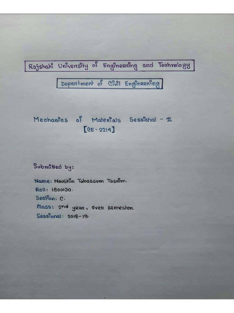 Mechanics of Materials Sessional Lab Report For Civil Engineering ...