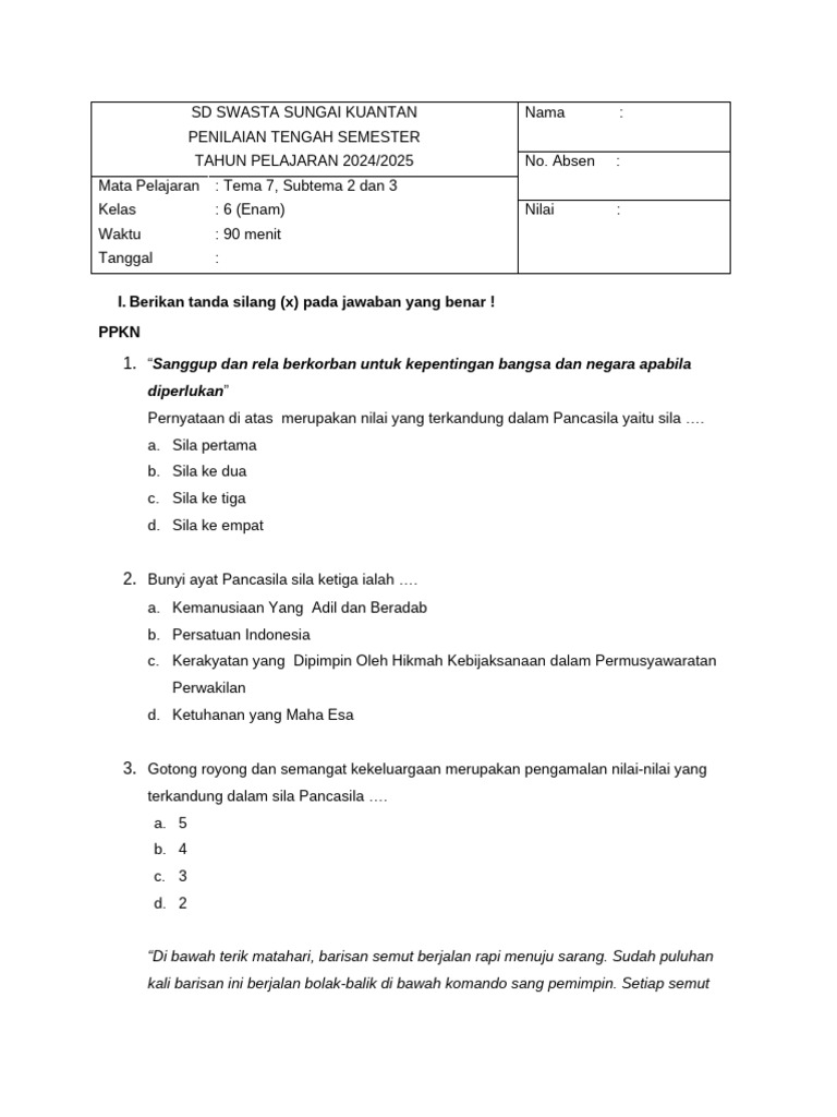 Soal PTS TEMATIK TEMA 7 SUB 2 DAN SUB 3 Kelas 6 SMT 2 | PDF