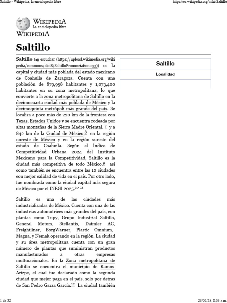 Saltillo - Wikipedia, La Enciclopedia Libre | PDF