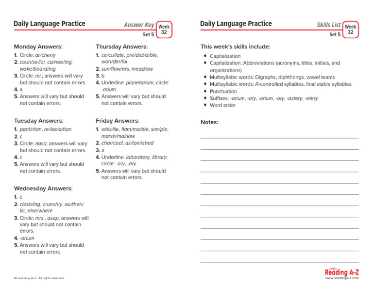 Daily Language Practice Week 5 Answers | PDF