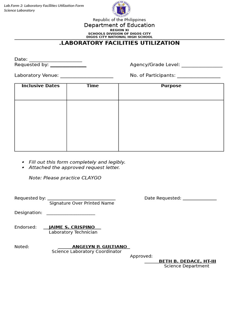 Lab. Form 2 Laboratory Facilities Utilization Form | PDF