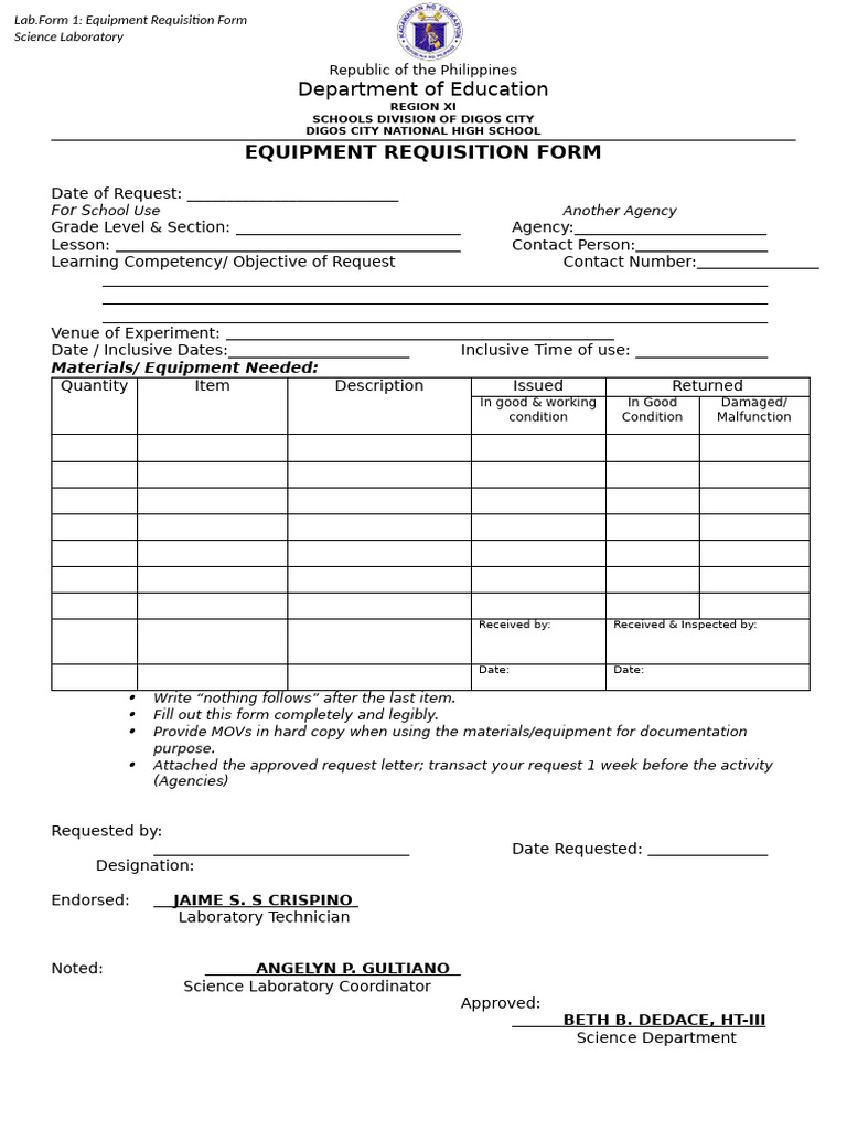 Lab. Form 1 Equipment Requisition Form | PDF
